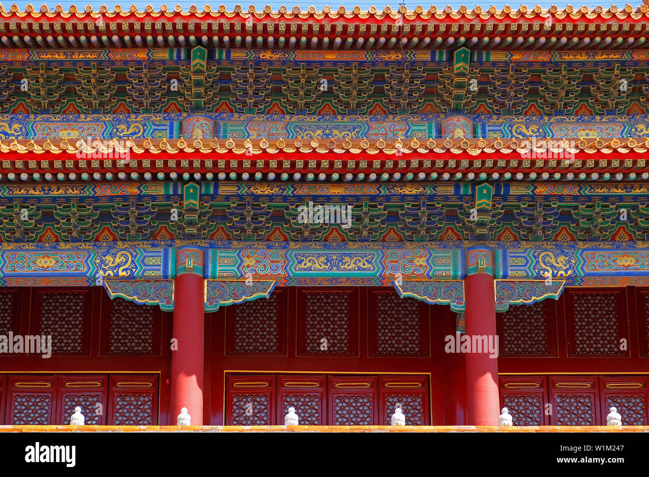 Colorful pattern of red walls inside the Palace Museum, known also as ...