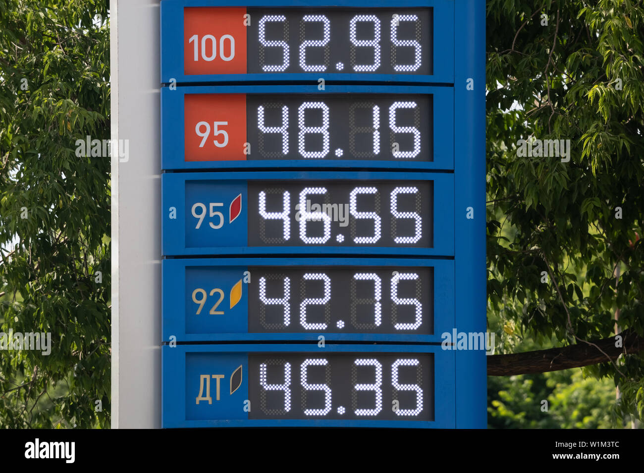 description: Prices on the information board of the petrol station ...