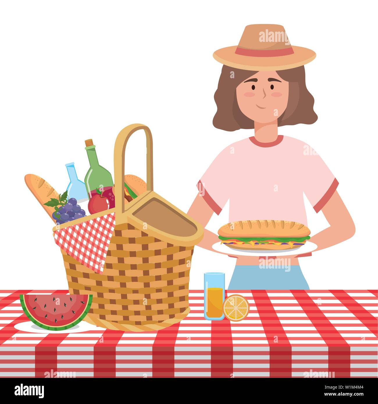 Woman cartoon having picnic design, Food summer outdoor leisure healthy ...