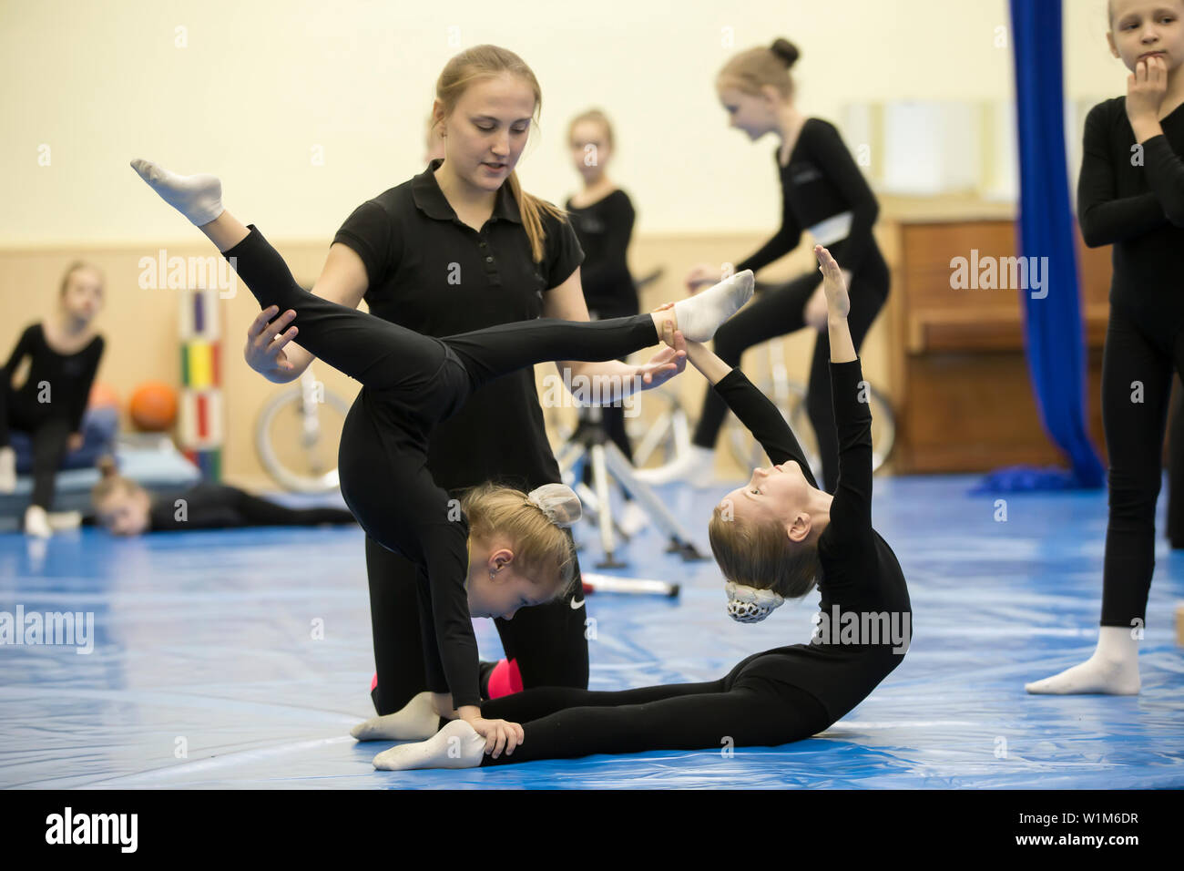 . Indicative training circus school.Gymnastic workout for children. The ...