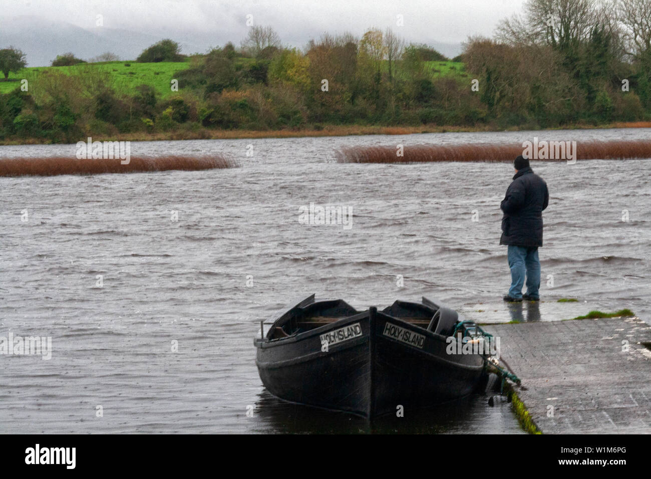 On the shore of Lough Derg, County Clare looking toward Holy Island ...