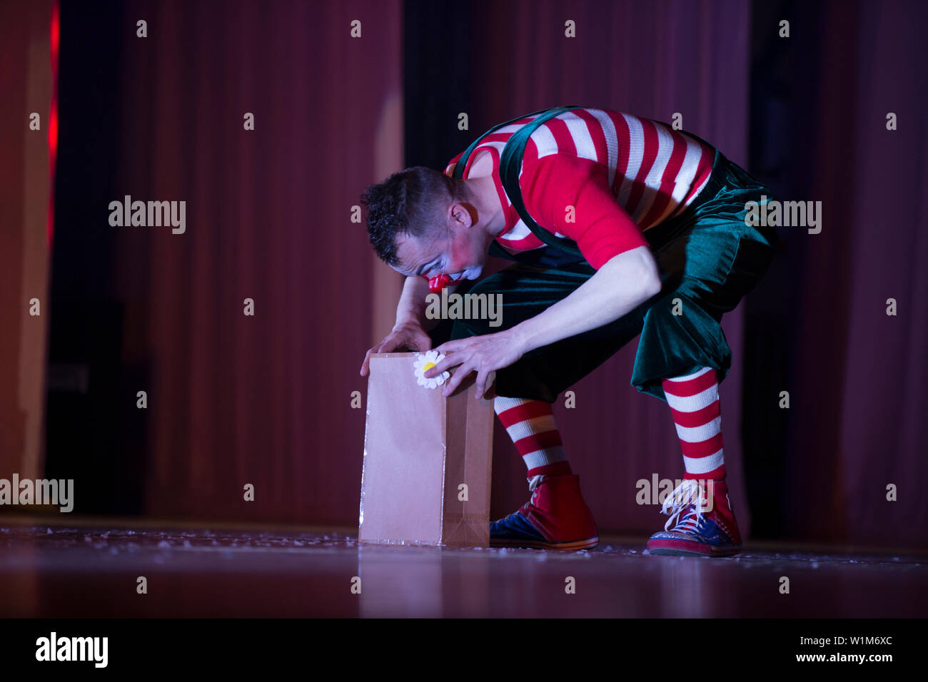 Indicative training circus school.Funny clown performs the number ...