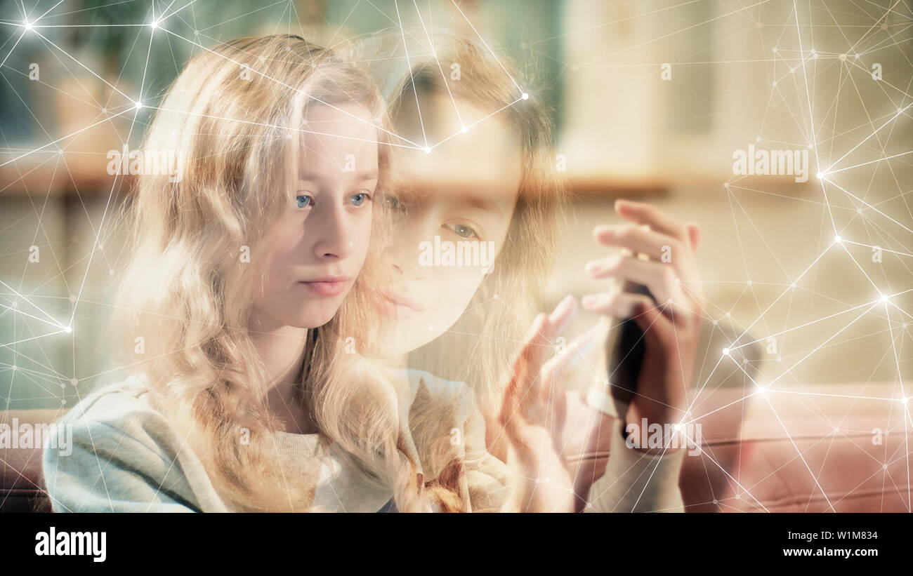 Human abstract identification, digital dots and random lines connected ...