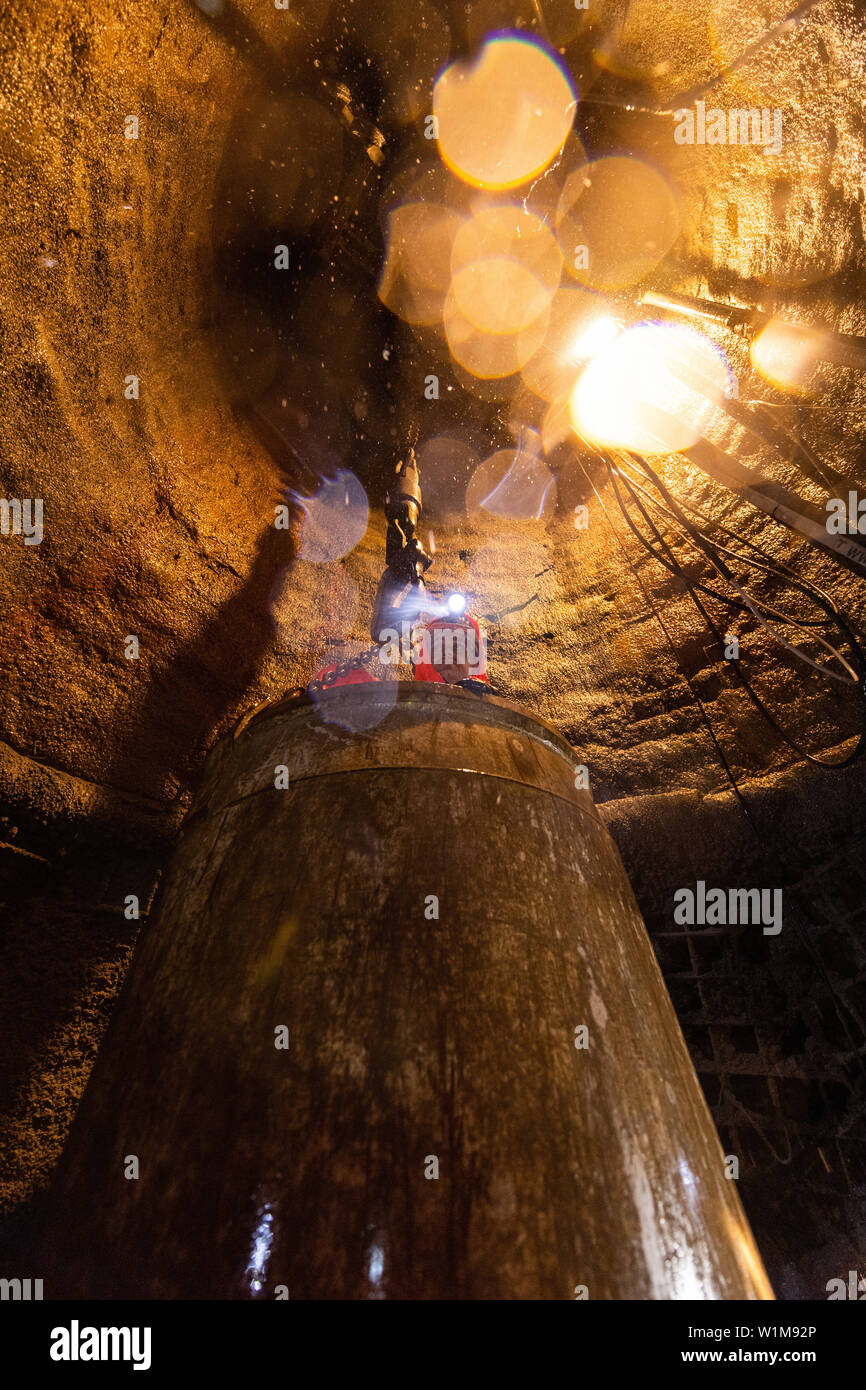 03 July 2019, Saxony, Schwarzenberg/Ot Pöhla: A miner leaves the ...