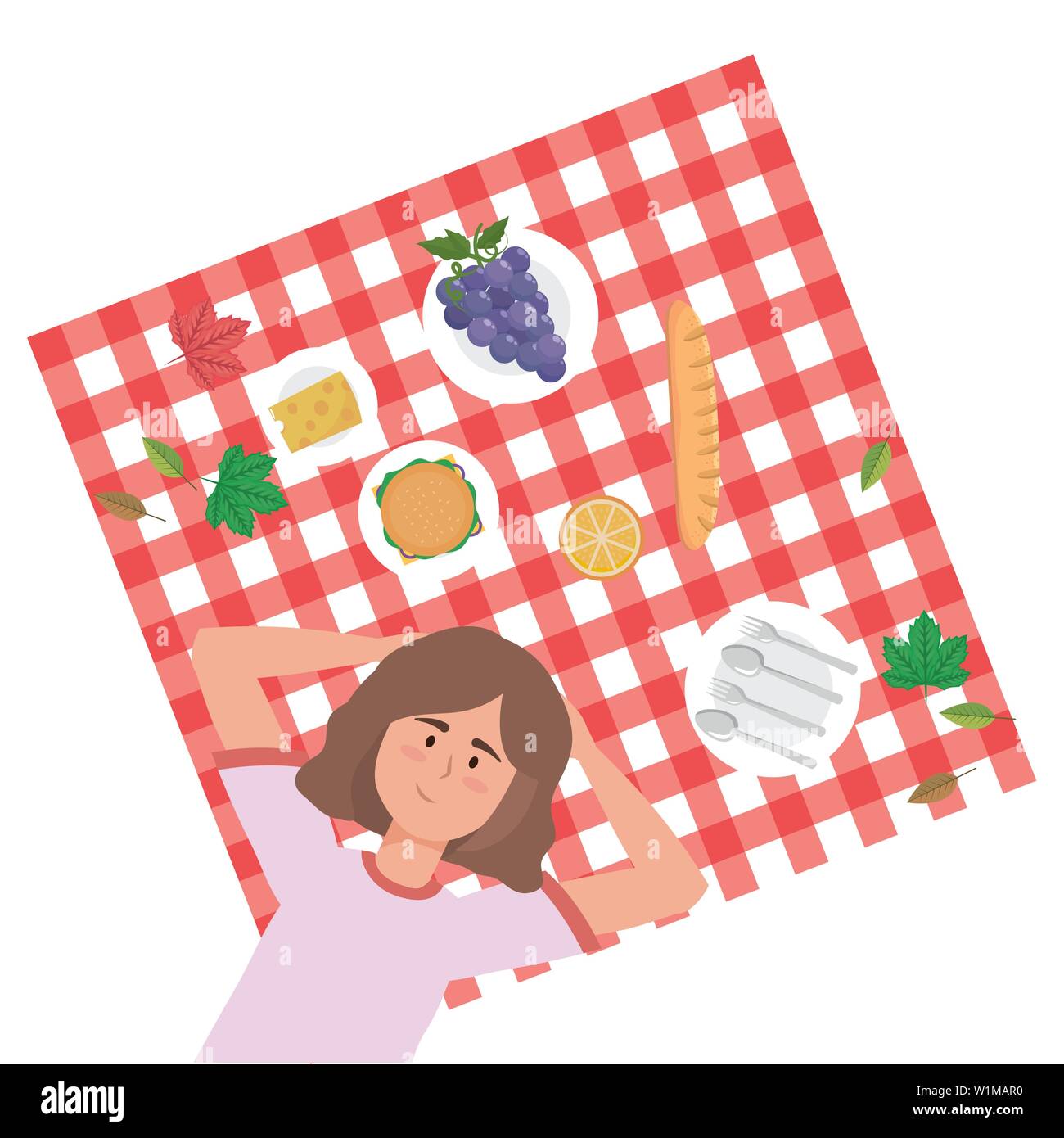 Woman cartoon having picnic design, Food summer outdoor leisure healthy ...
