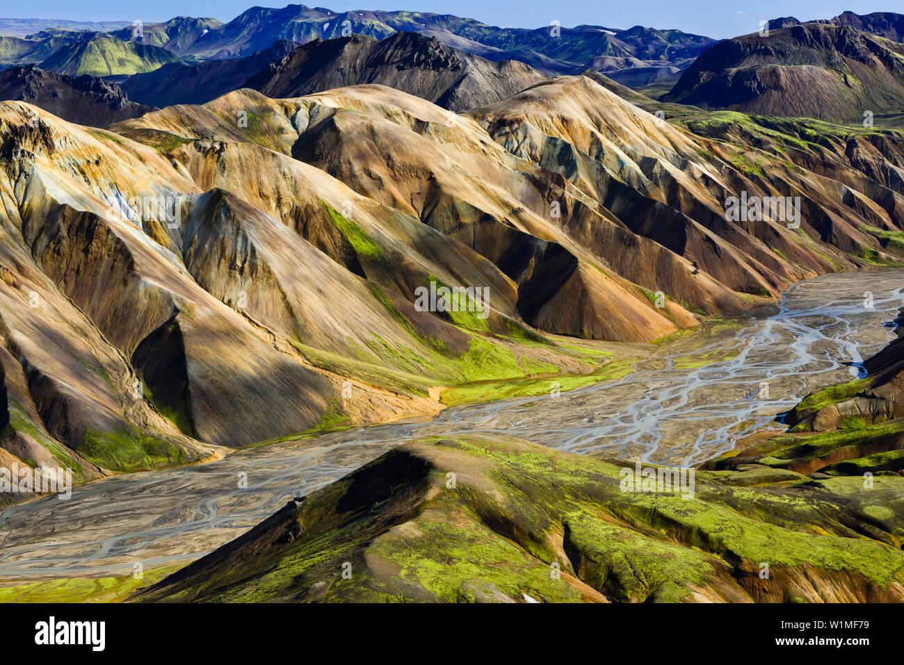 Aerial view of a river valley with meanders of glacial river Tungnaa ...