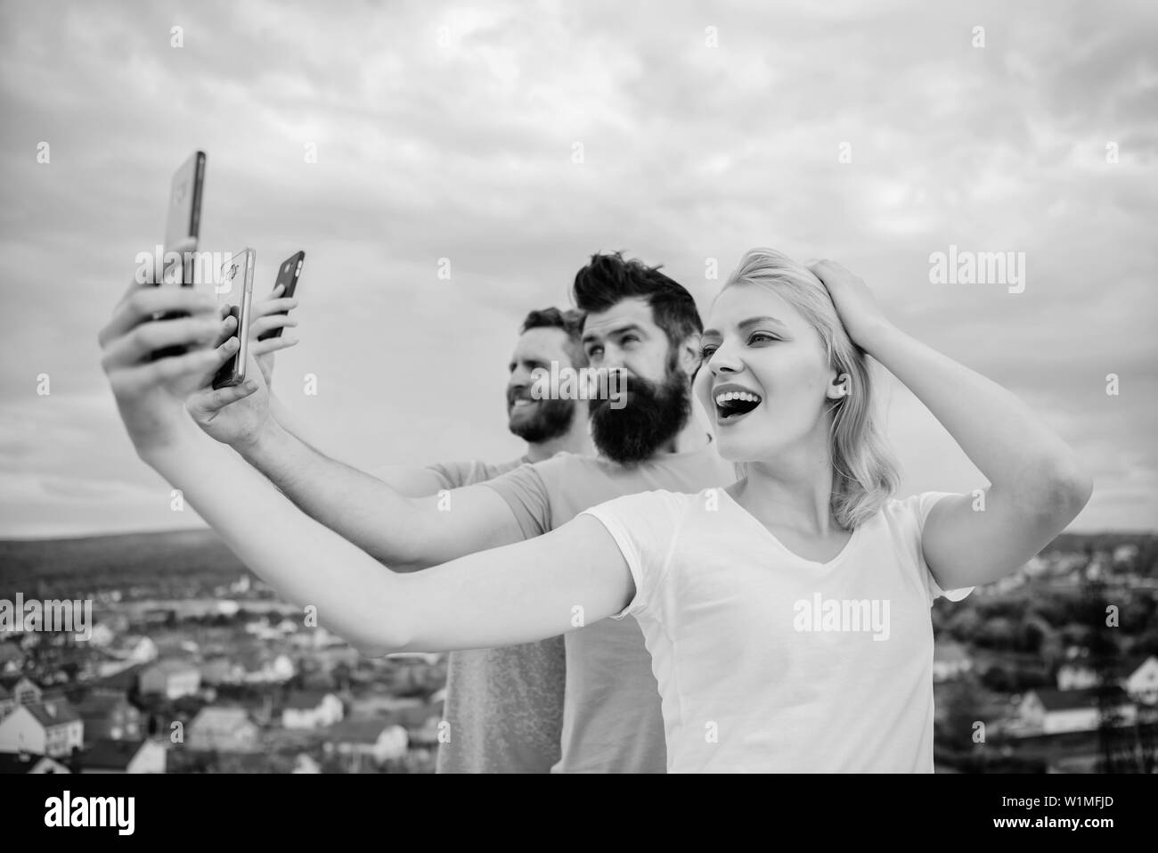 Group happy people taking Black and White Stock Photos & Images - Alamy
