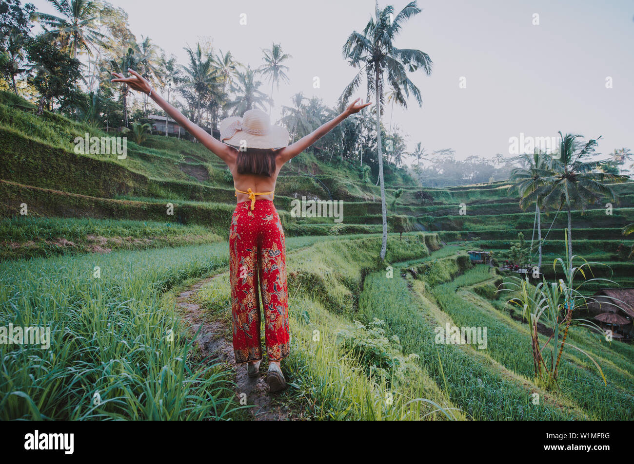 Beautiful girl visiting the Bali rice fields in tegalalang, ubud ...