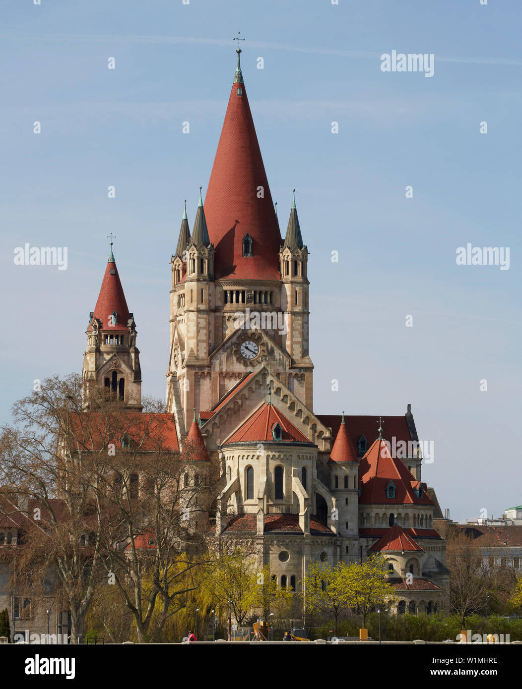 Moorings and Franz von Assisi Kirche at Vienna on the river Danube ...