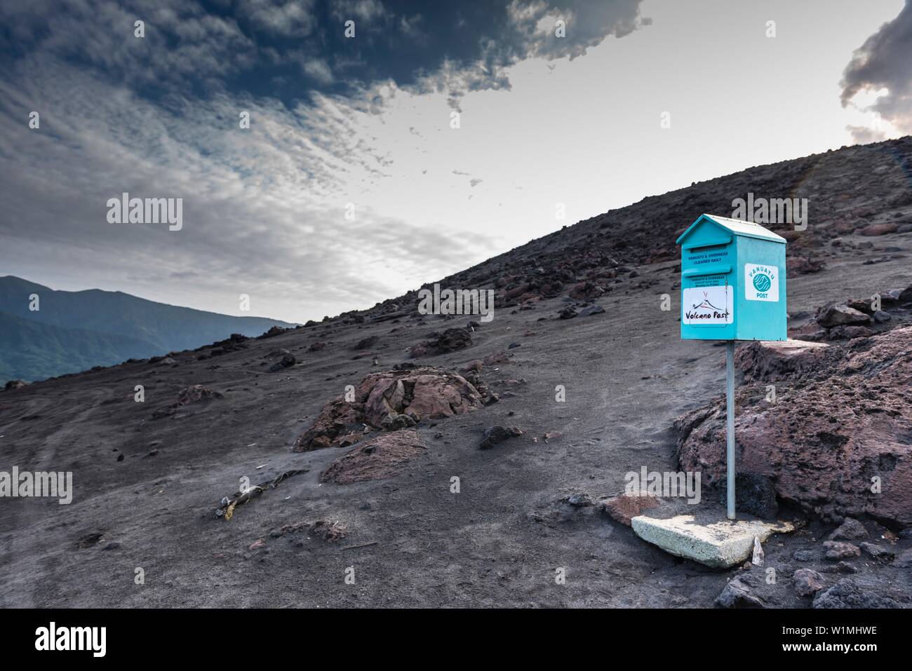 Letterbox for volcano-mail at the foot of the active volcano Yasur in ...