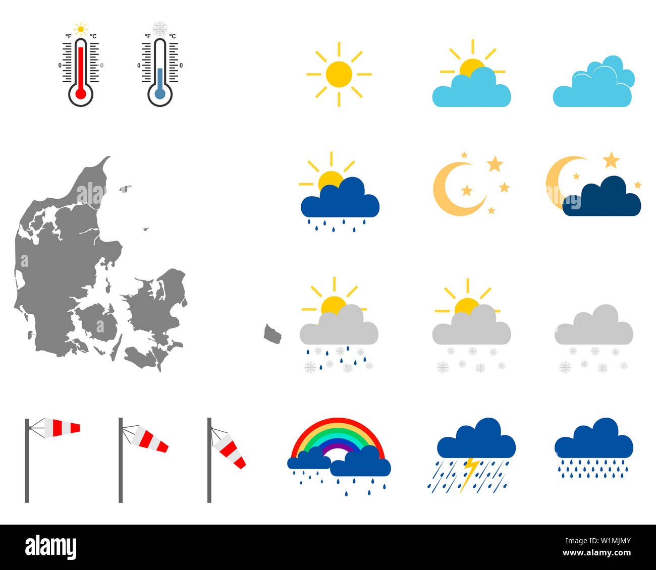 Map of Denmark with weather symbols Stock Photo - Alamy