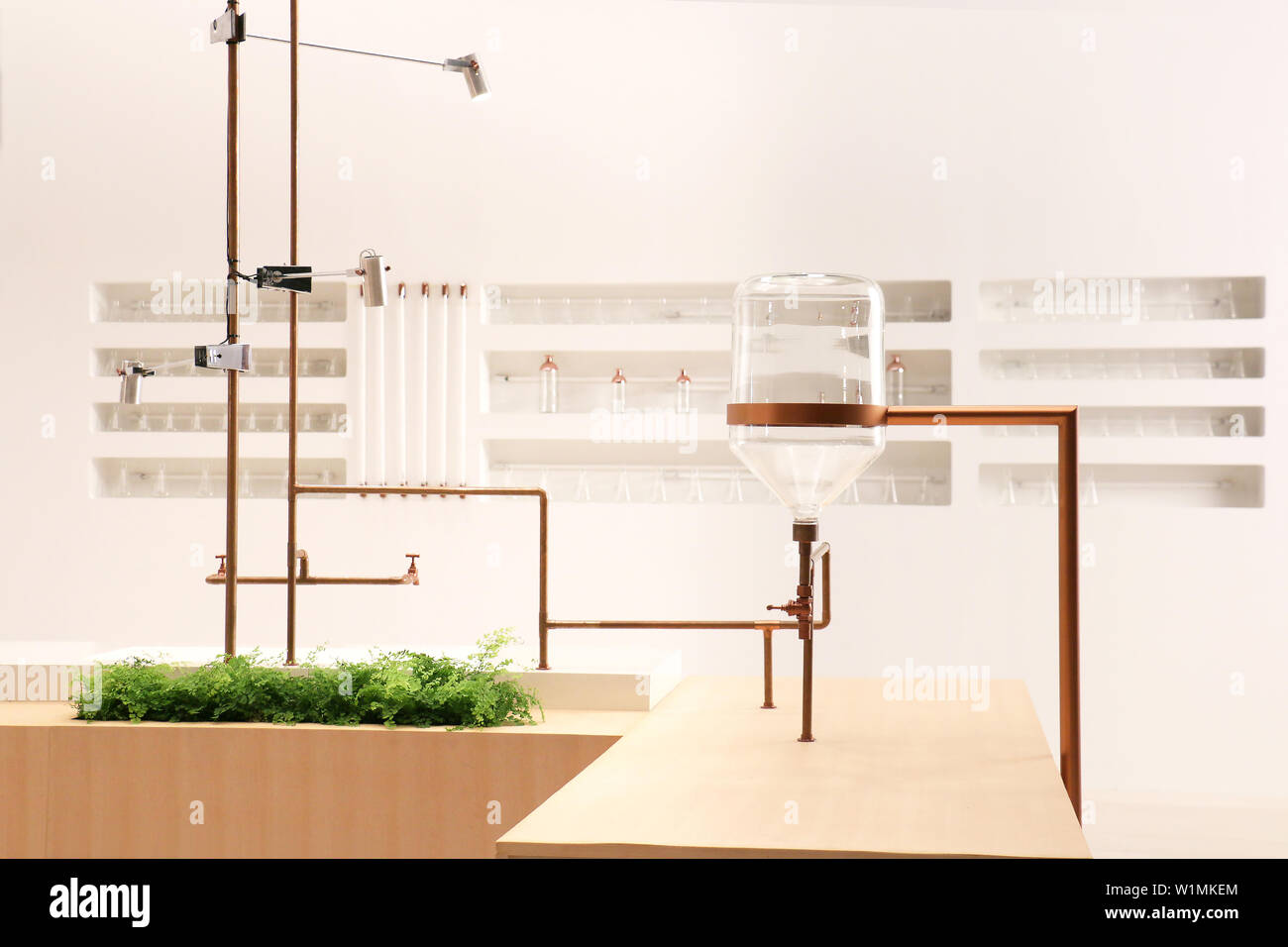 a white modern laboratory with set of copper pipe lines and glasswares ...