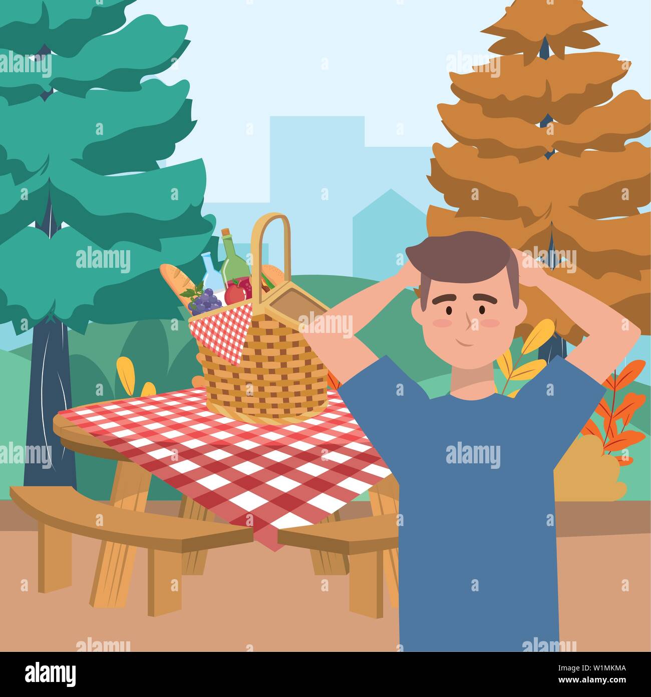 Man cartoon having picnic design, Food summer outdoor leisure healthy ...
