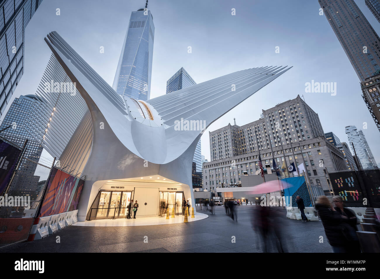 the Oculus and One World Trade Center exterior at dusk, futuristic ...