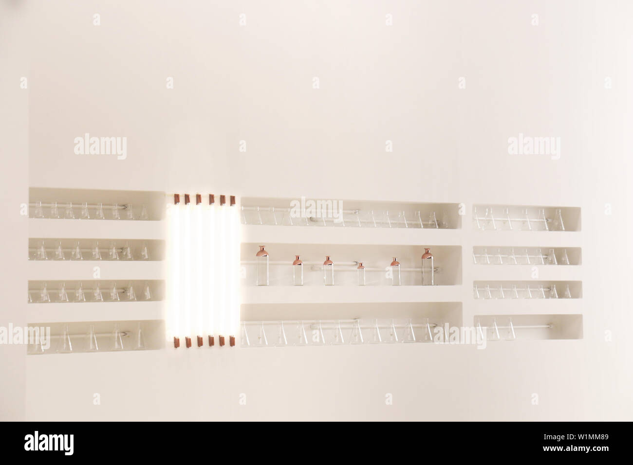 on a white wall of modern laboratory was made to be a shelf for put a ...