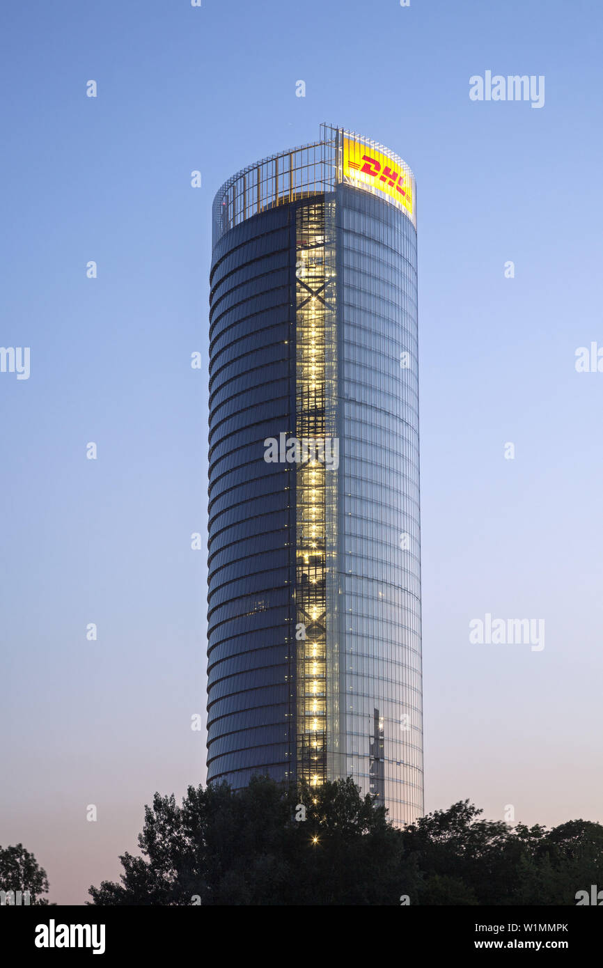 Nightly illuminated Post Tower of DHL at the Rheinufer in Bonn, Gronau ...