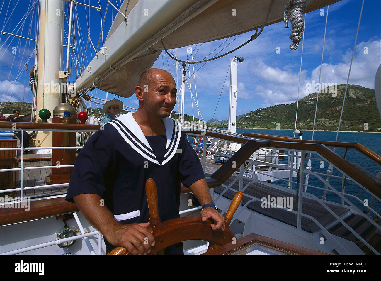Mate at Helm, Star Clipper Caribbean Stock Photo - Alamy