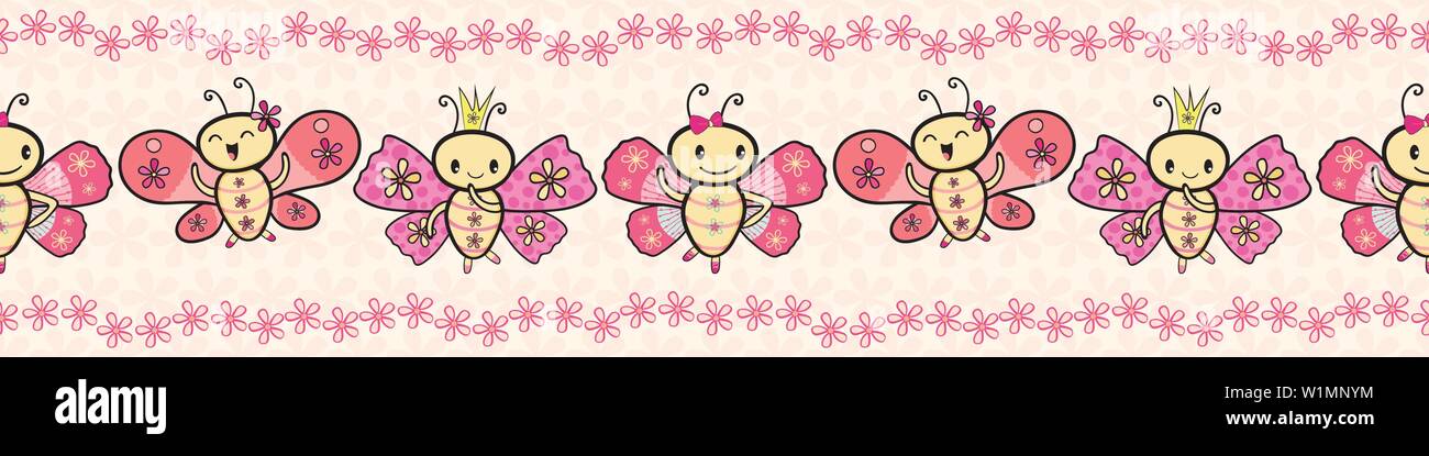 Cute pink hand drawn Kawaii style dancing butterflies border with ...