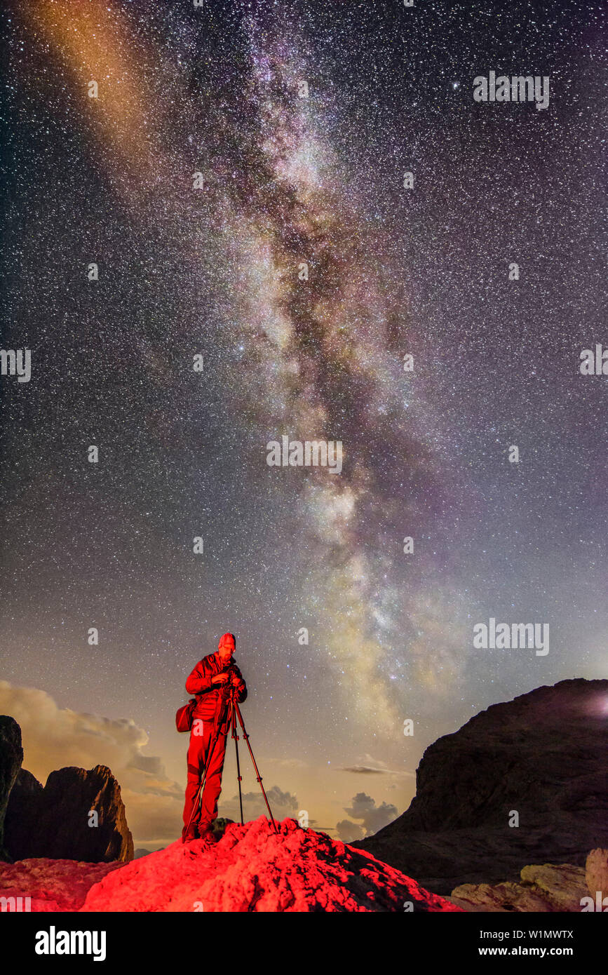 Photographer standing on rock beneath stary sky with milky way, Pala ...