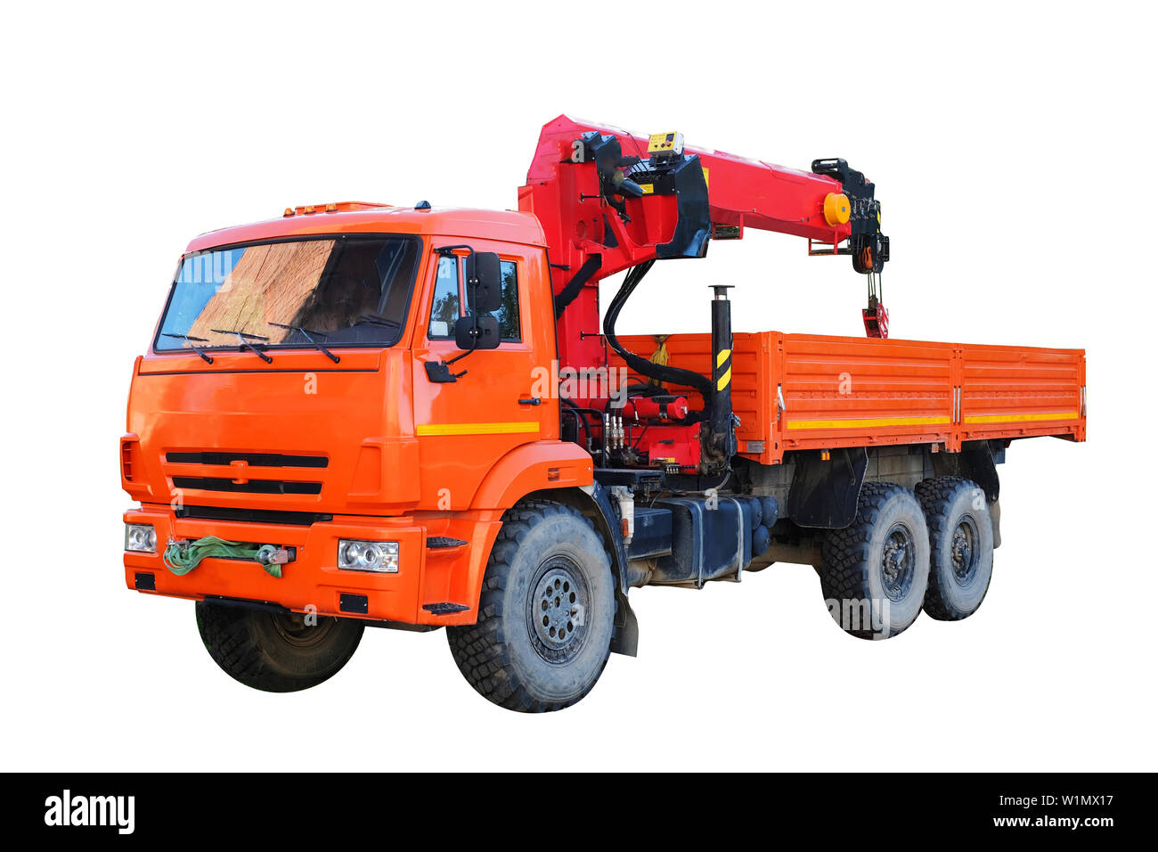 orange truck with a crane. isolated on white background Stock Photo - Alamy
