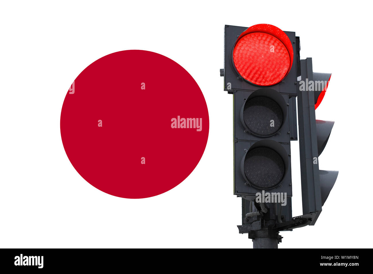 traffic light with a burning prohibitory signal. on the background of ...