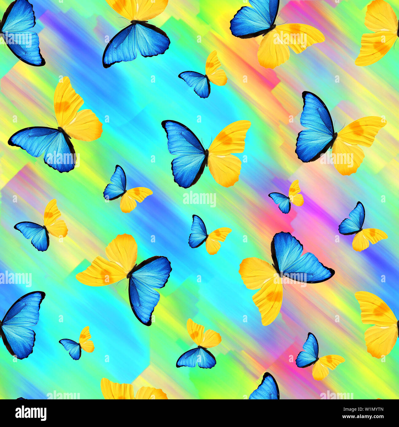 seamless pattern of colored tropical butterflies on bright color ...