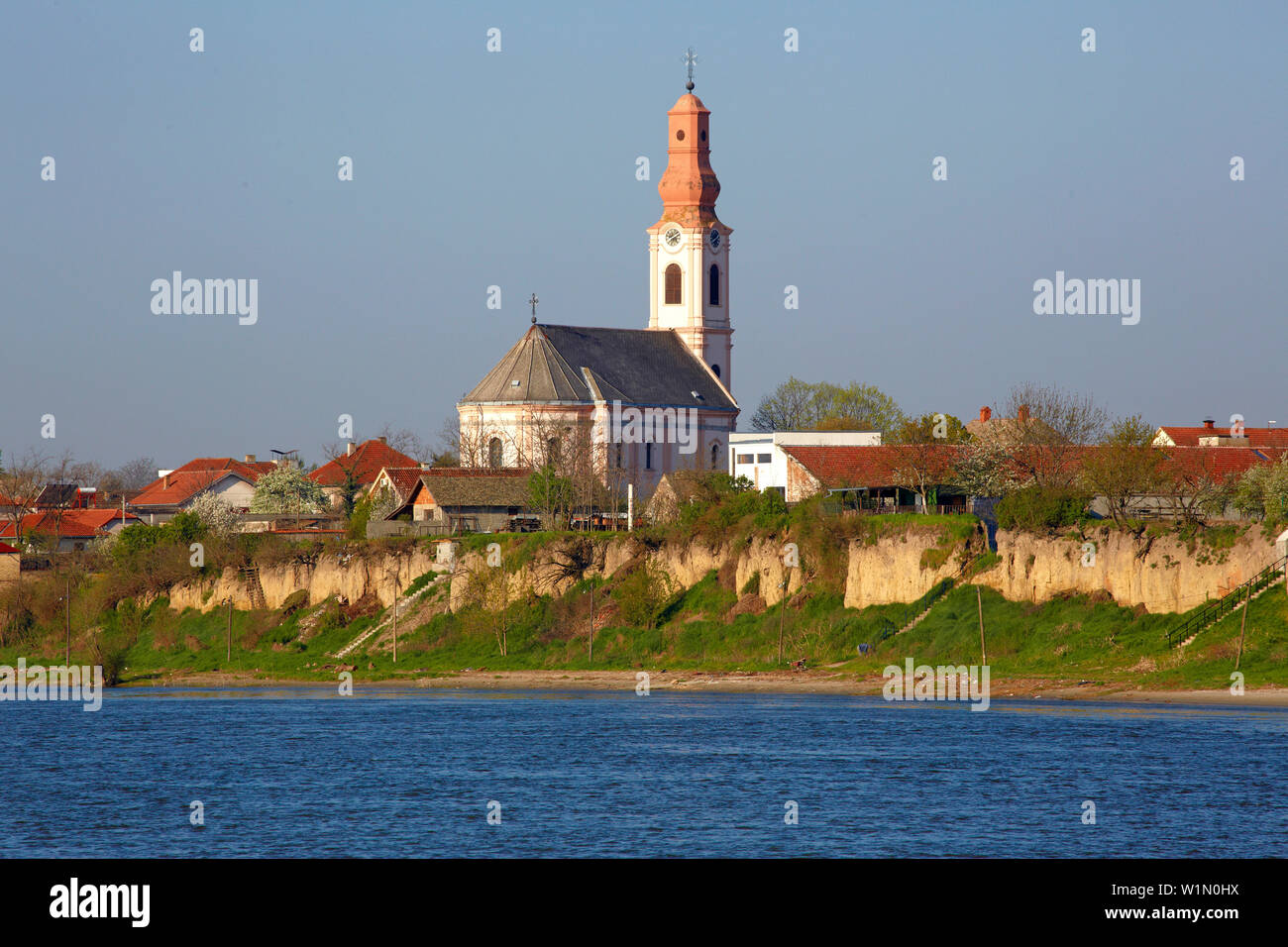 View at Stari Banovci with church , River Danube , Serbia , Europe ...