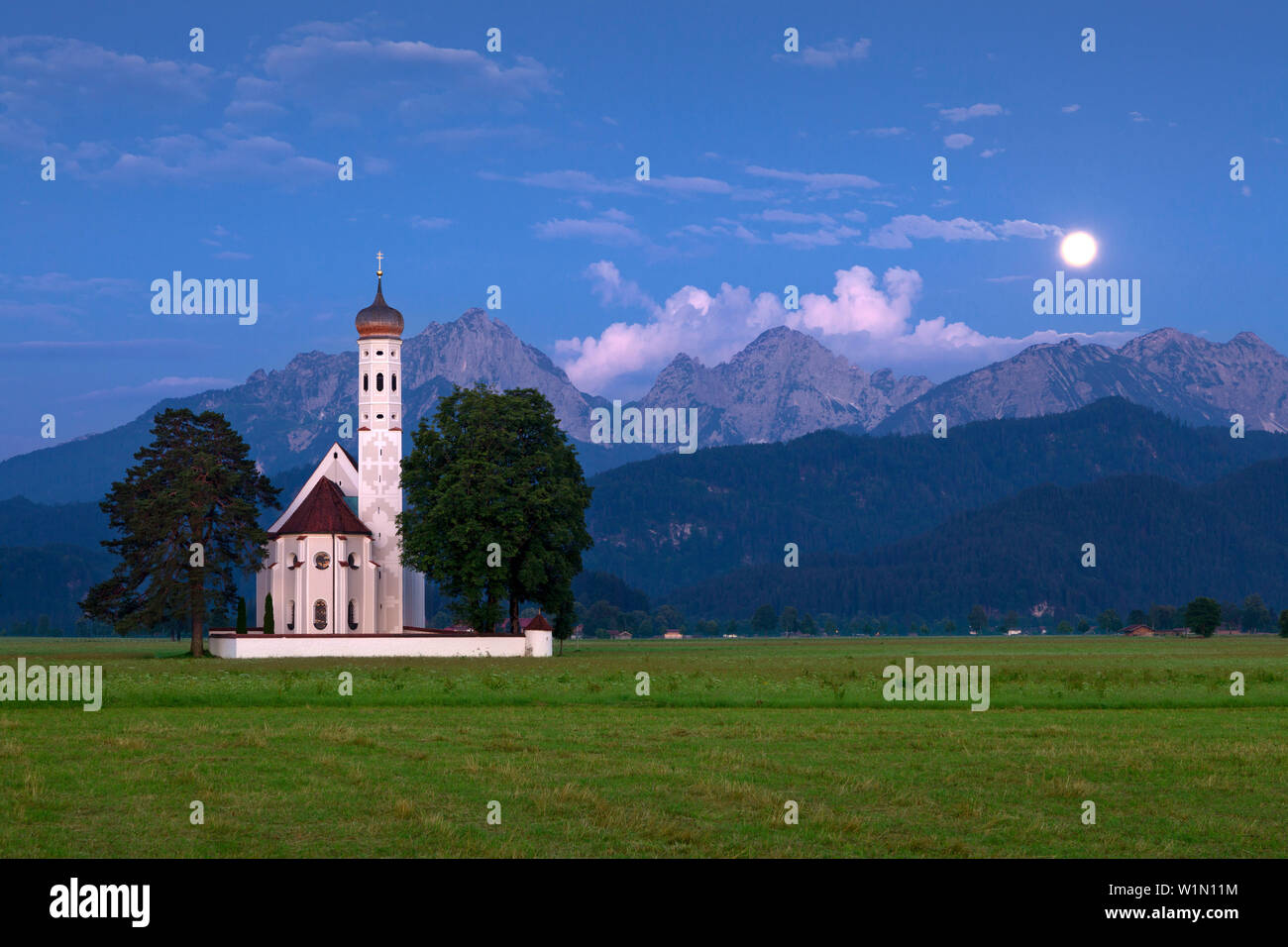 St Coloman pilgrimage church near Schwangau at full moon, view to ...