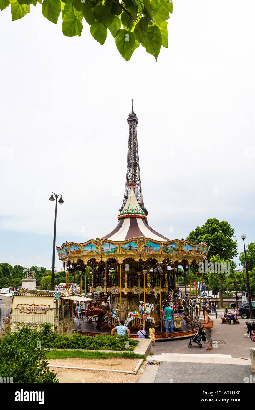 Merry-go-round in front of Eiffel Tower, Paris, France, Europe Stock ...