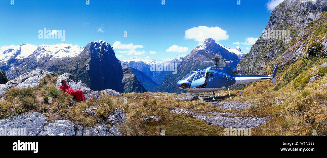 Helicopter Landing at Lake Quill near Mackinnon Pass, Fiordland ...