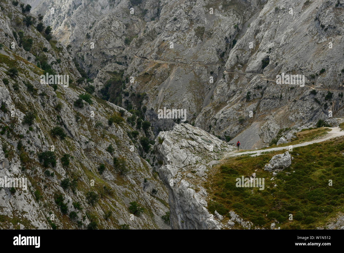 young woman at hiking trail Ruta del Cares is connecting Bulnes and ...