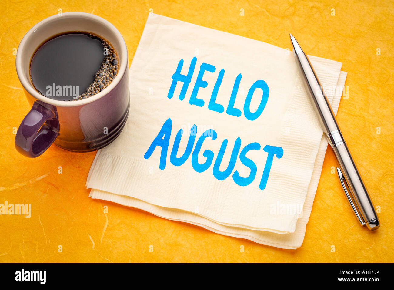 Hello August - handwriting on a napkin with a cup of coffee Stock Photo ...