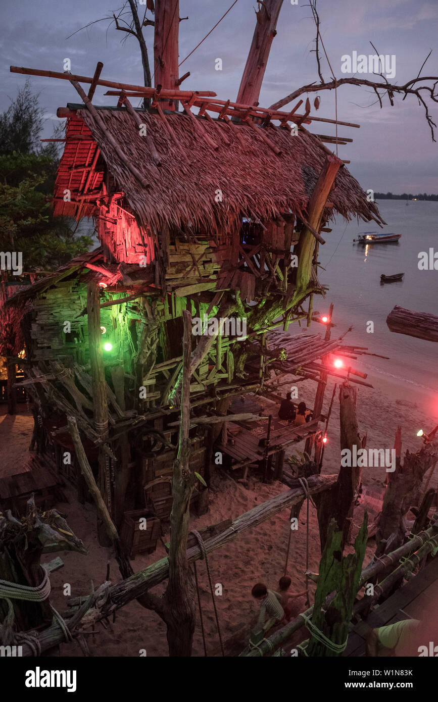 Evening lighting of the so called Hippie Bar in the shape of a pirate ...