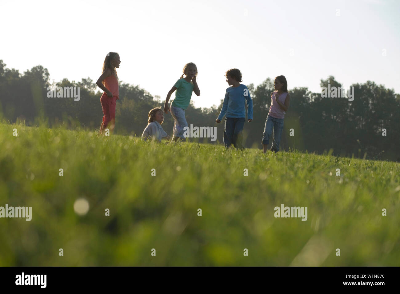 Children running over field, children's birthday party Stock Photo - Alamy