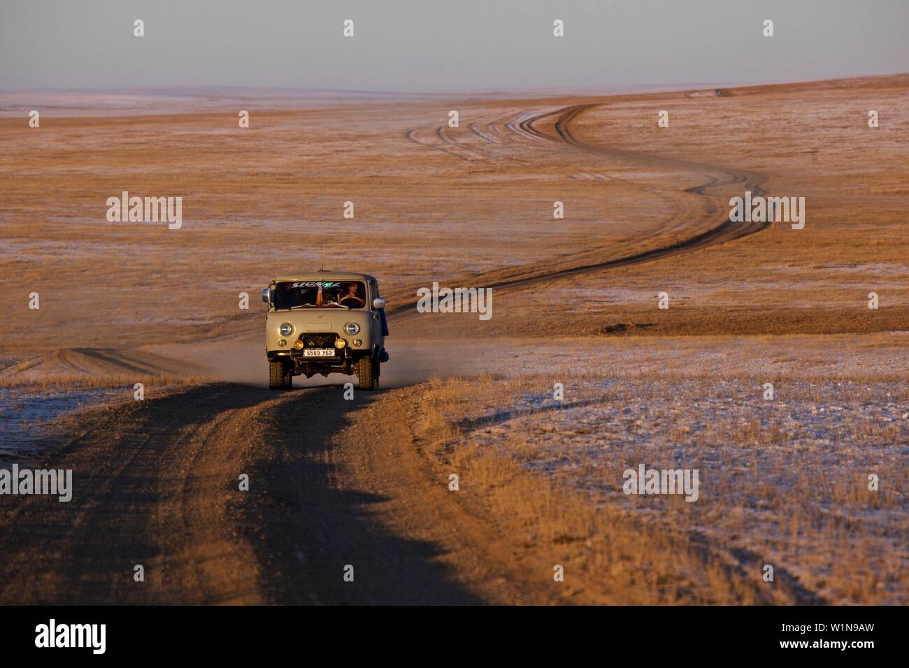UAZ bus in the Mongolian Steppe in Winter, Mongolia Stock Photo - Alamy