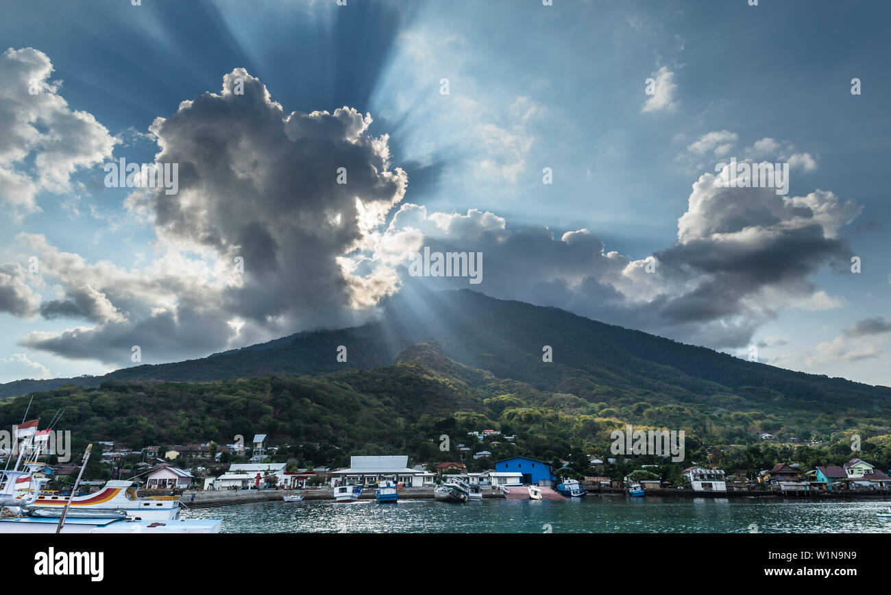 Cone of an extinct volcano, dense forests growing to the port at the ...