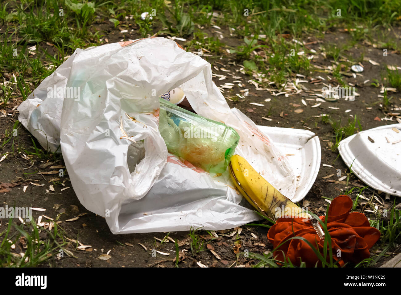 Crumpled plastic bag with trash and disposable utensils on the grass in ...