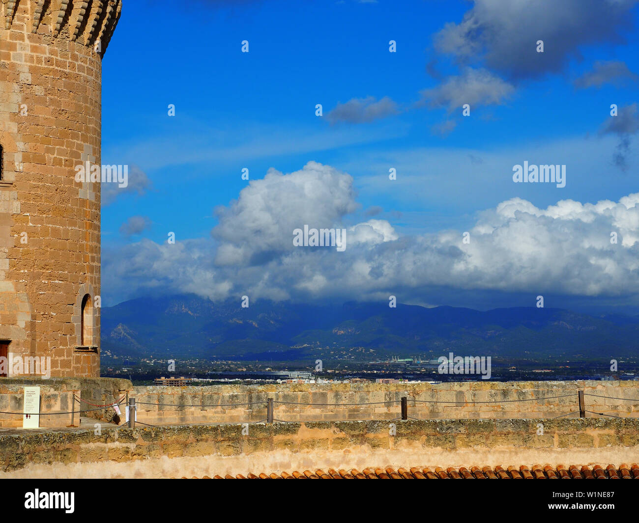 Castell de Bellver view with tower and mountains Stock Photo - Alamy