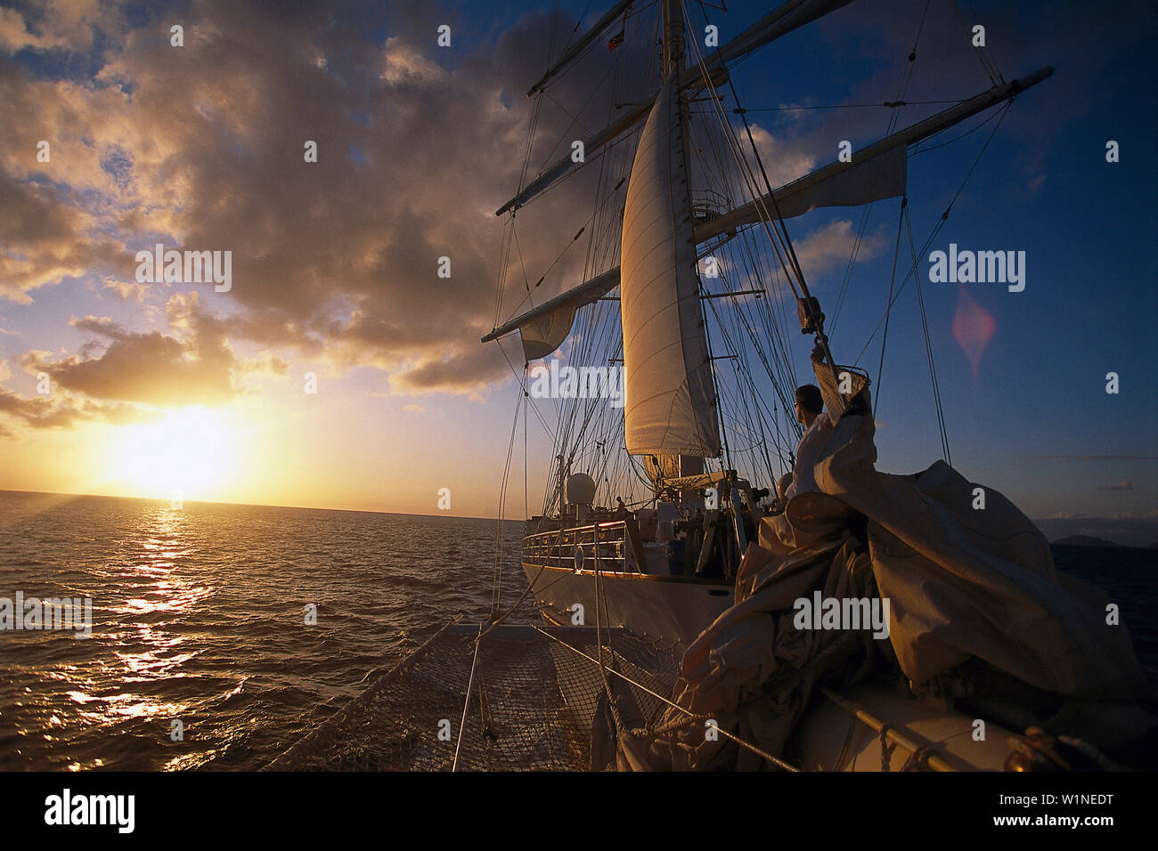 Sunset Sailing, Star Clipper Caribbean Stock Photo - Alamy