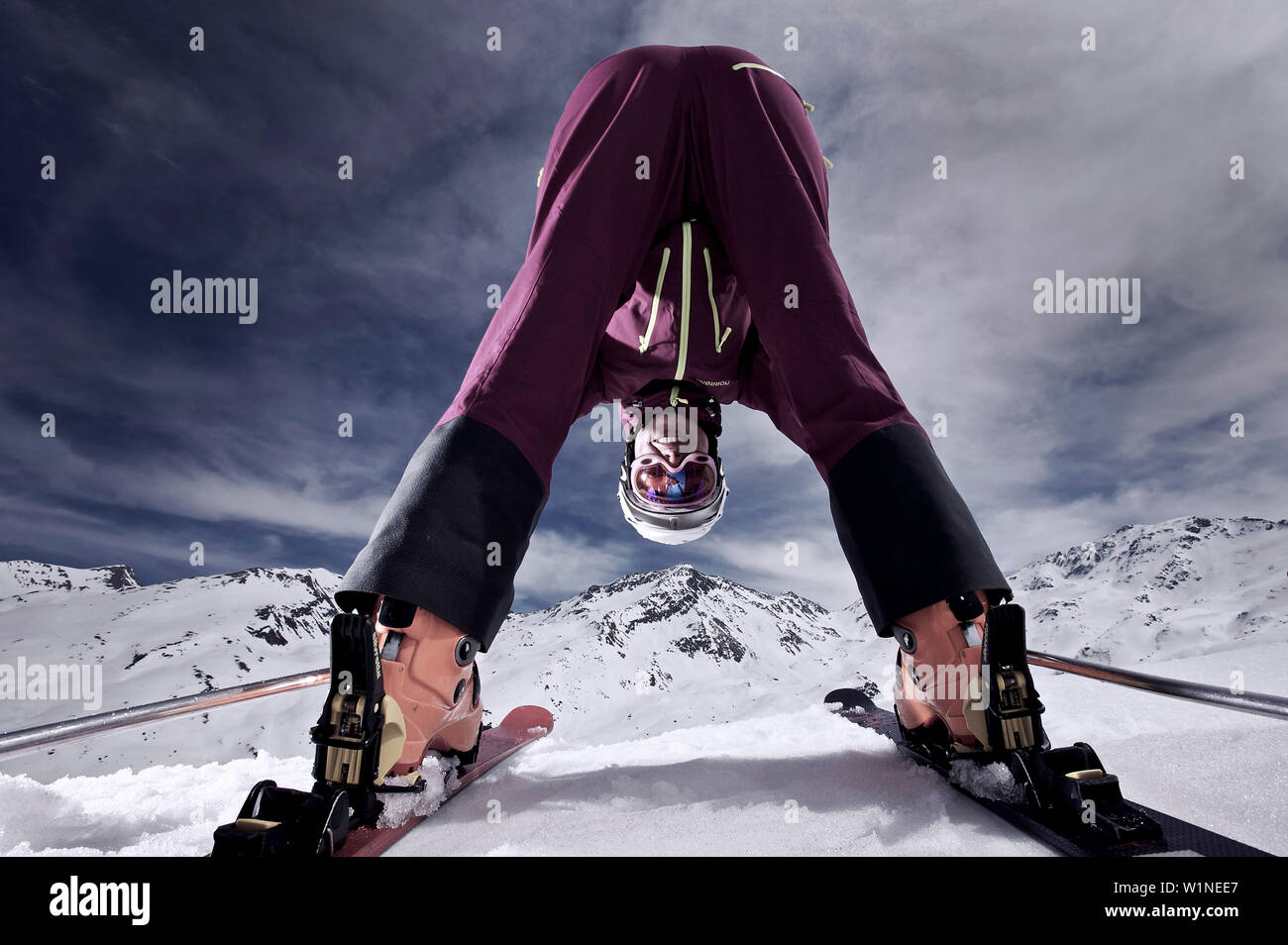 Female skier looking through legs, Kappl, Tyrol, Austria Stock Photo ...