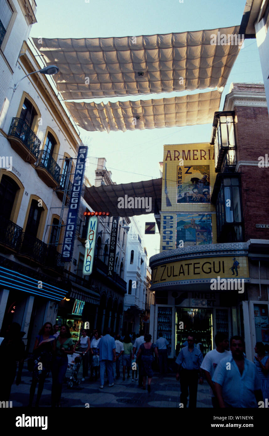 Pedestrian shopping area, Calle de las Sierpes, Seville, Andalusia ...