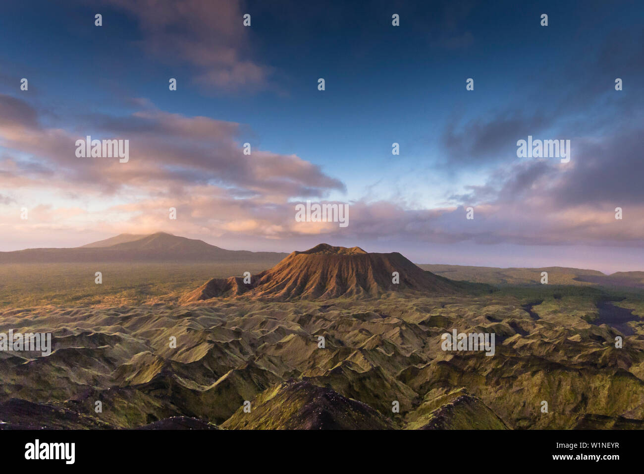 Extinct volcano crater in the evening light. Flanks and surroundings ...