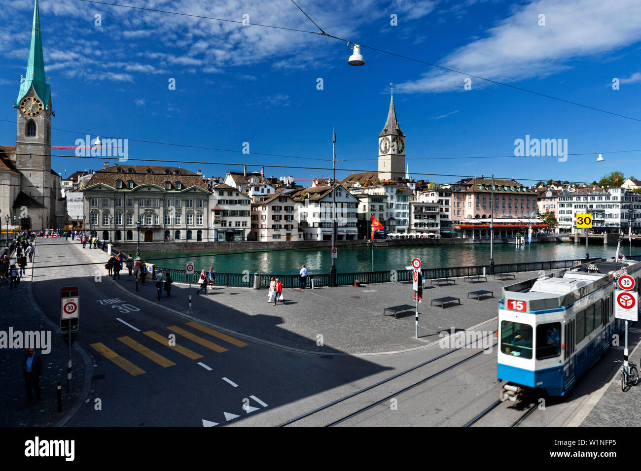 Tram on Limmatquai and Münsterbrücke, Zurich, Switzerland Stock Photo - Alamy
