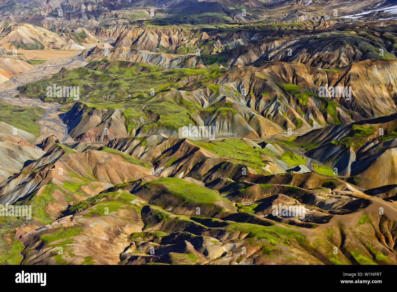 Aerial view of a river valley with meanders of glacial river Tungnaa ...