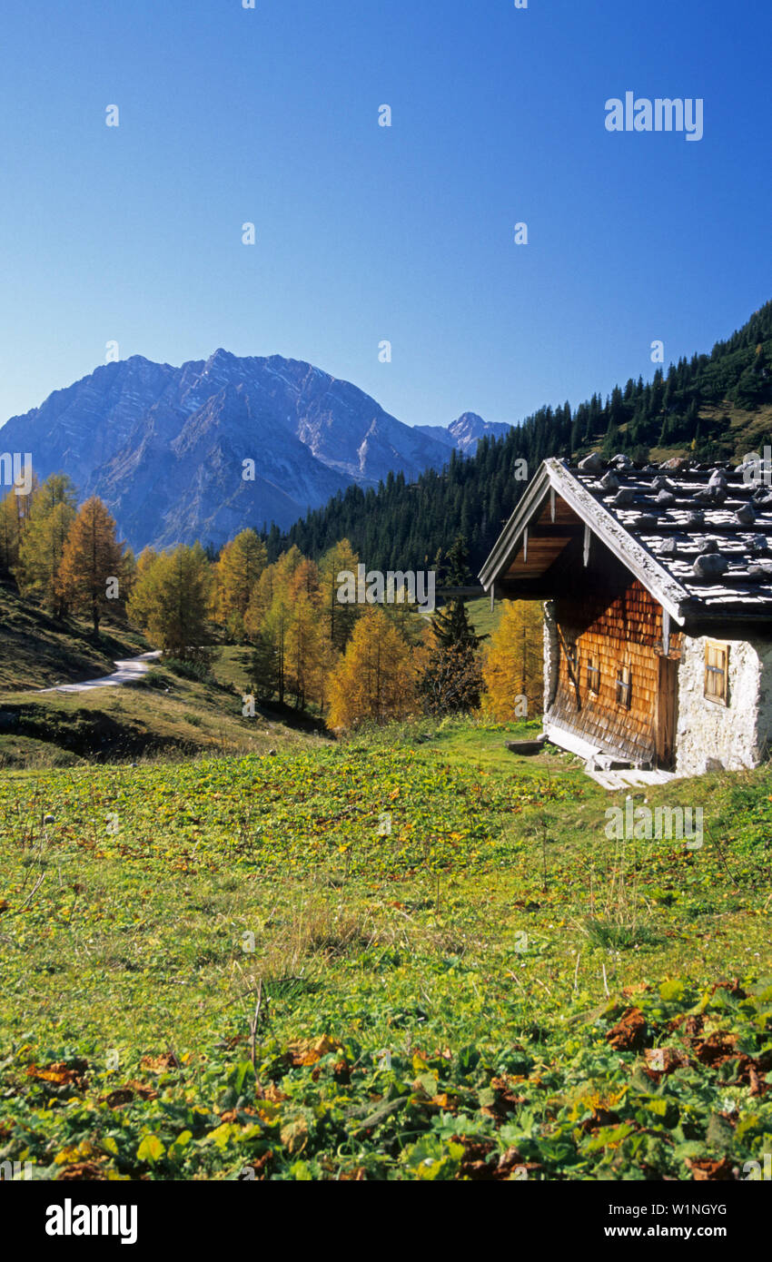 traditional alpine hut with Watzmann, Berchtesgaden range ...