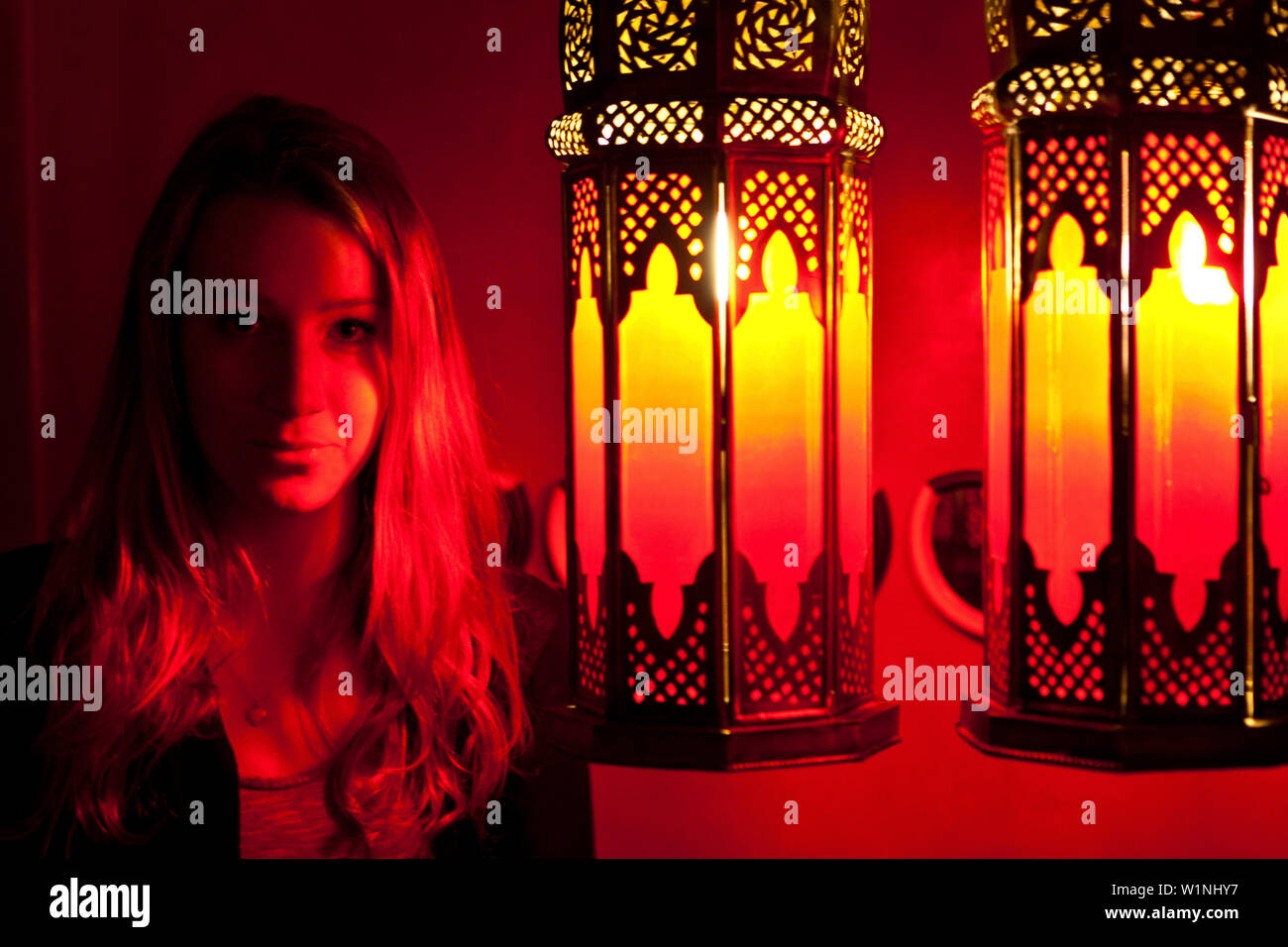 Girl in the light of Moroccan Lamps, Café Arabe, Marrakech, Morocco ...