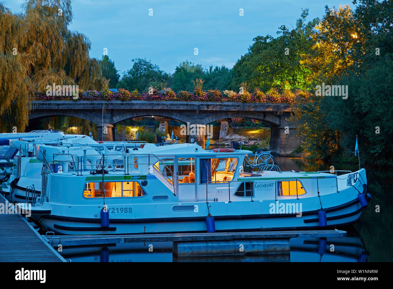 Houseboat in the evening at, La Gacilly, River L'Aff, Canal de Nantes à ...