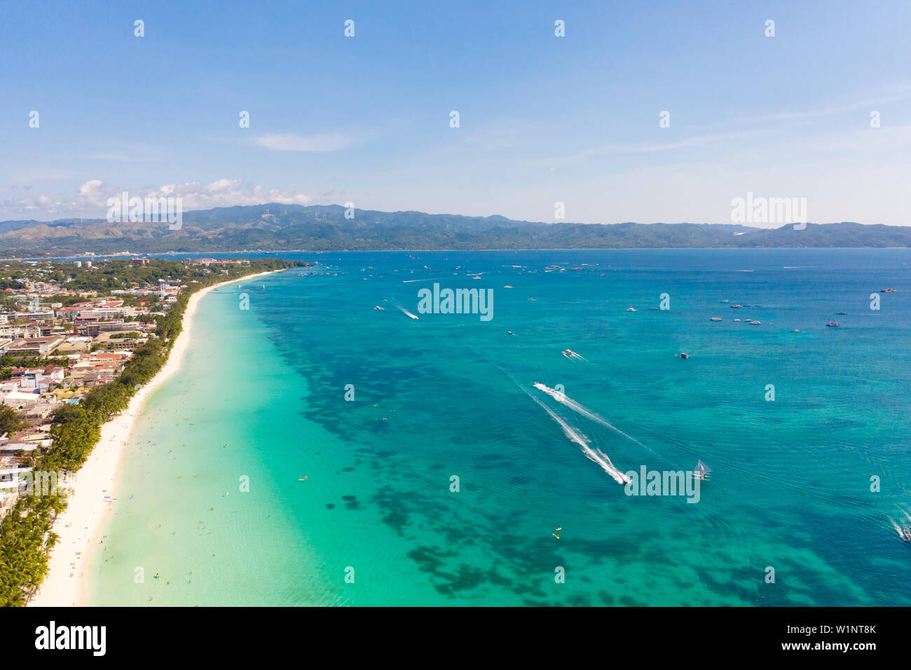 Island Boracay, Philippines, view from above. White beach with palm ...