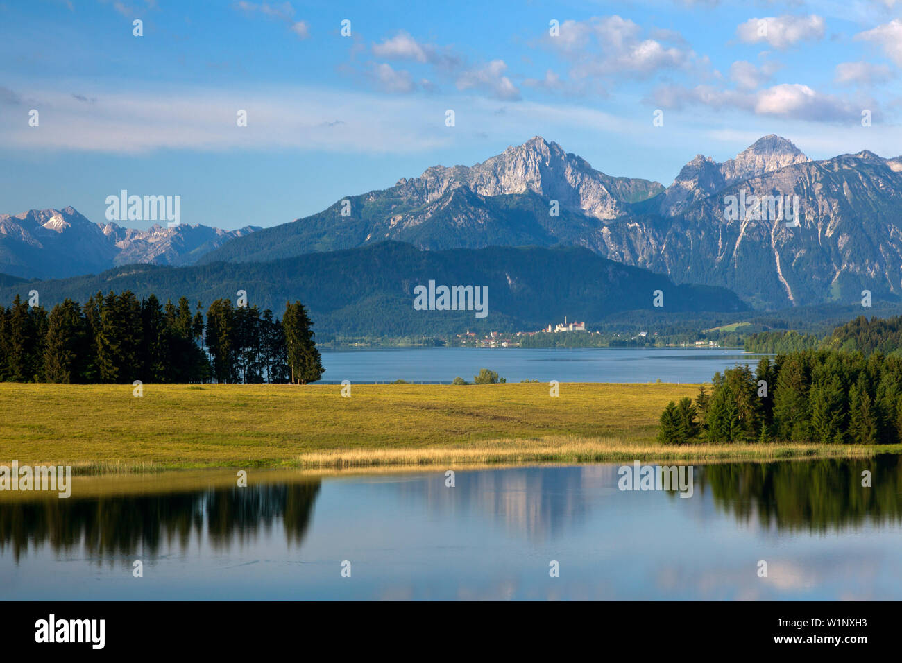 View over Forggensee to Hohes Schloss at Fuessen, Tannheimer Berge in ...