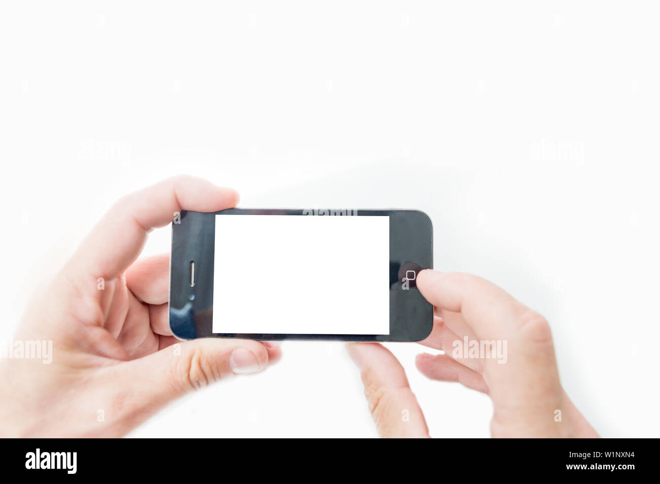 hand touching phone mobile screen isolated on white Stock Photo - Alamy